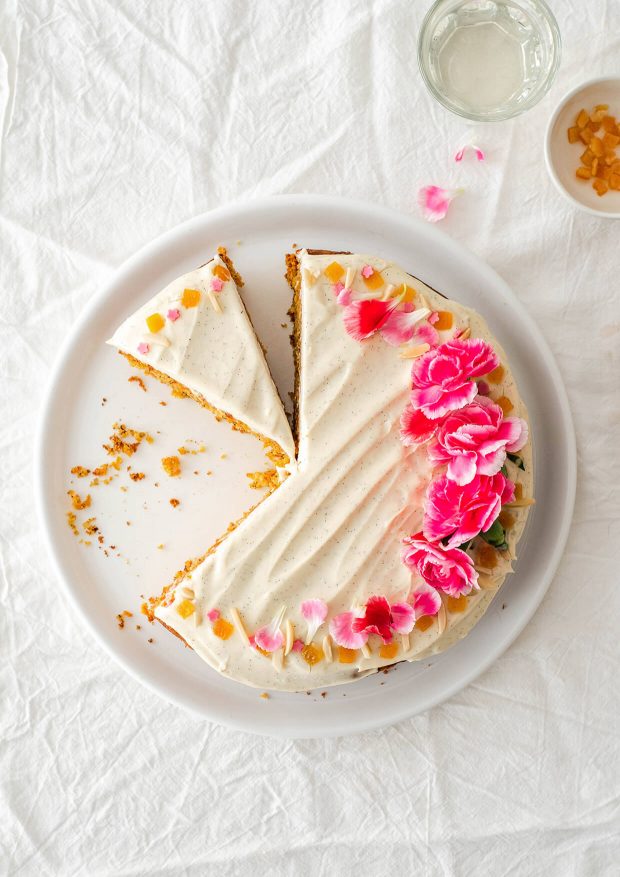 Orange almond carrot cake with creme fraiche frosting
