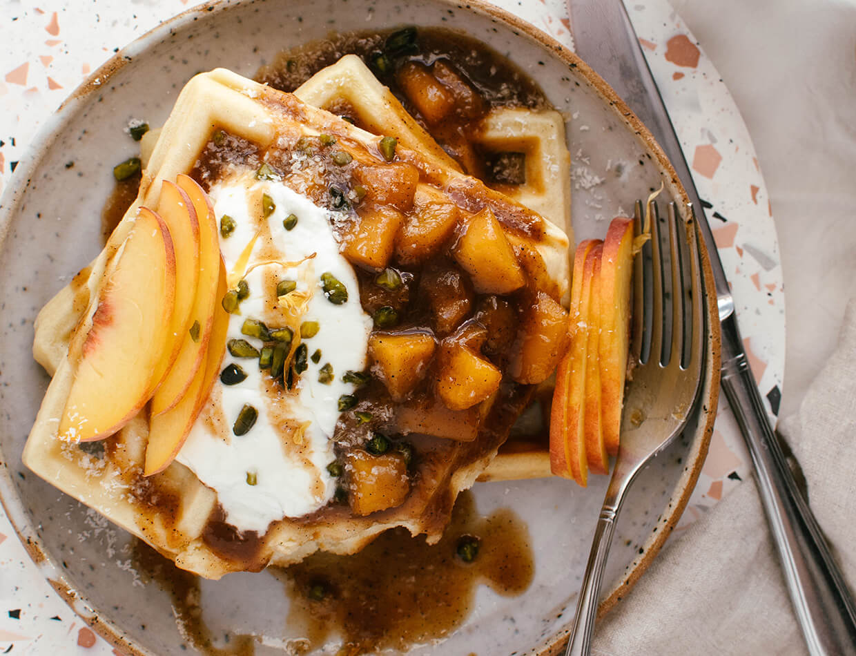Cinnamon maple peach sauce waffles