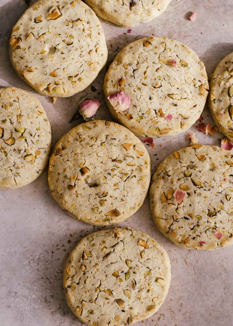 Rose water pistachio shortbread cookies