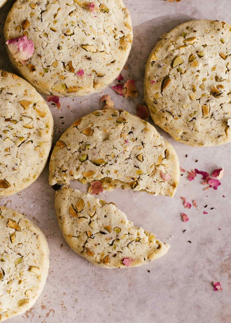 Rose water pistachio shortbread cookies