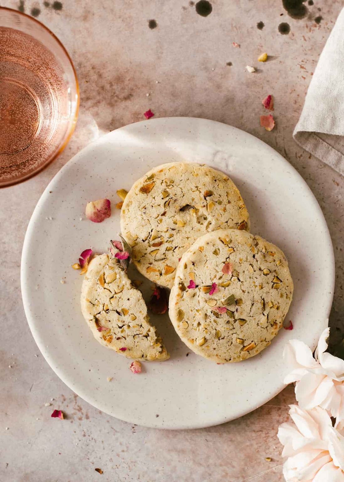 Rose water pistachio shortbread cookies