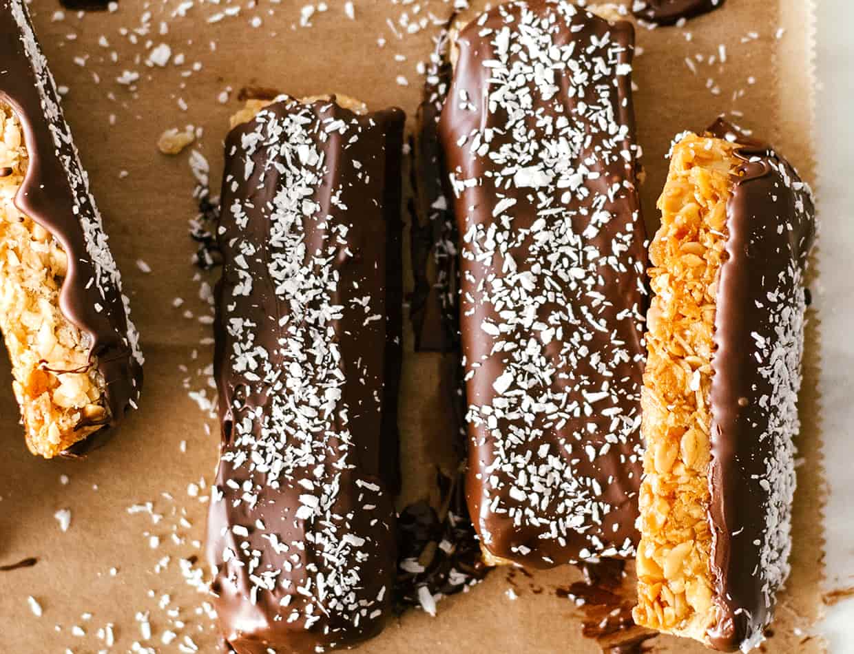Chocolate dipped coconut peanut granola bars - soft chewy - Sugarsalted